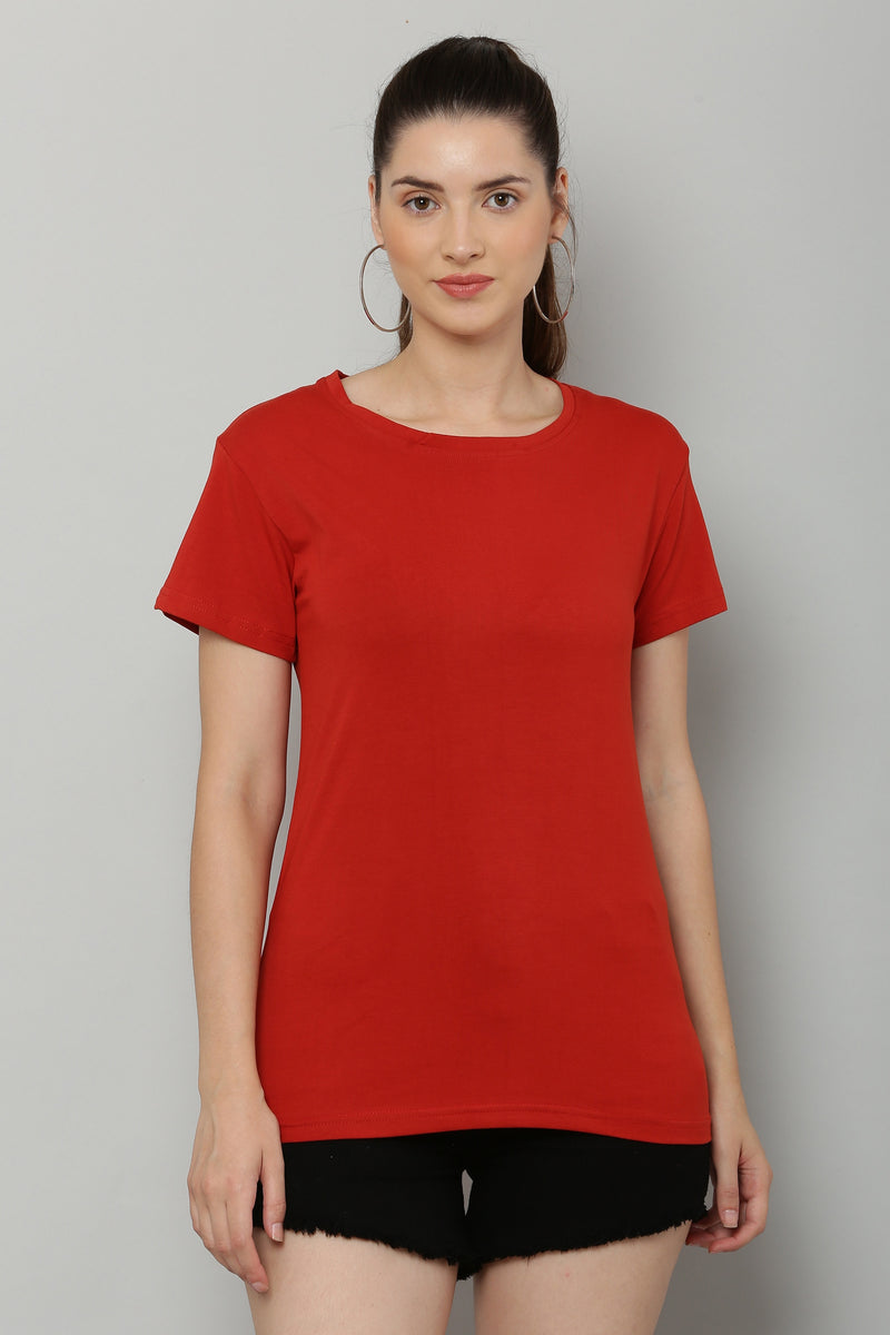 Brick Red Cotton Lycra T-Shirt For Women – Detra