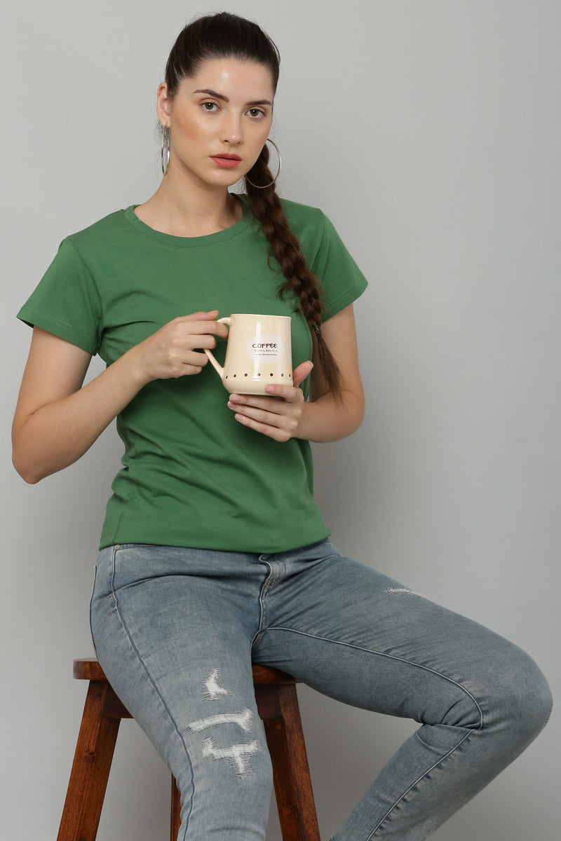 Olive Green Cotton Lycra T-Shirt For Women – Detra